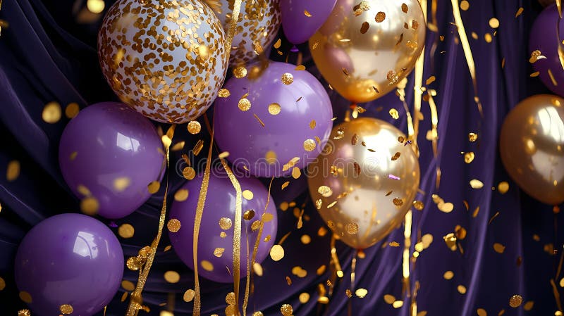 Purple and Gold Balloons Floating with Falling Confetti on Purple ...