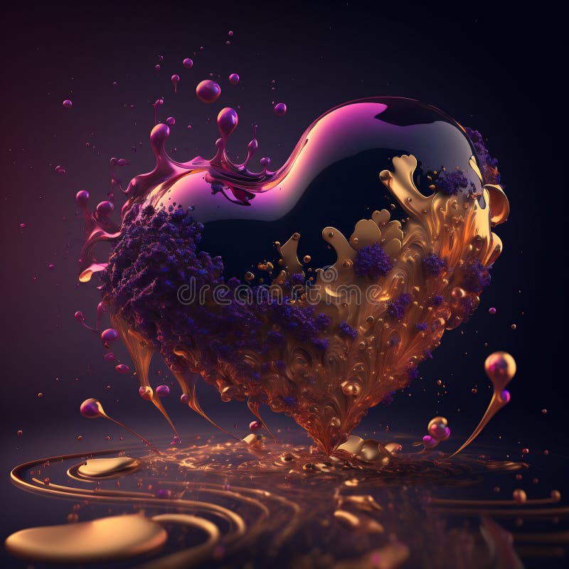 Purple with Gold Drop of Liquid in the Shape of a Heart Created with ...