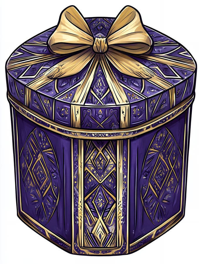 A Purple and Gold Ornate Gift Box with a Bow on Top Featuring Detailed ...