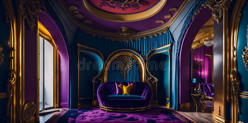 A Purple and Gold Room with a Purple Couch Created with Generative AI ...