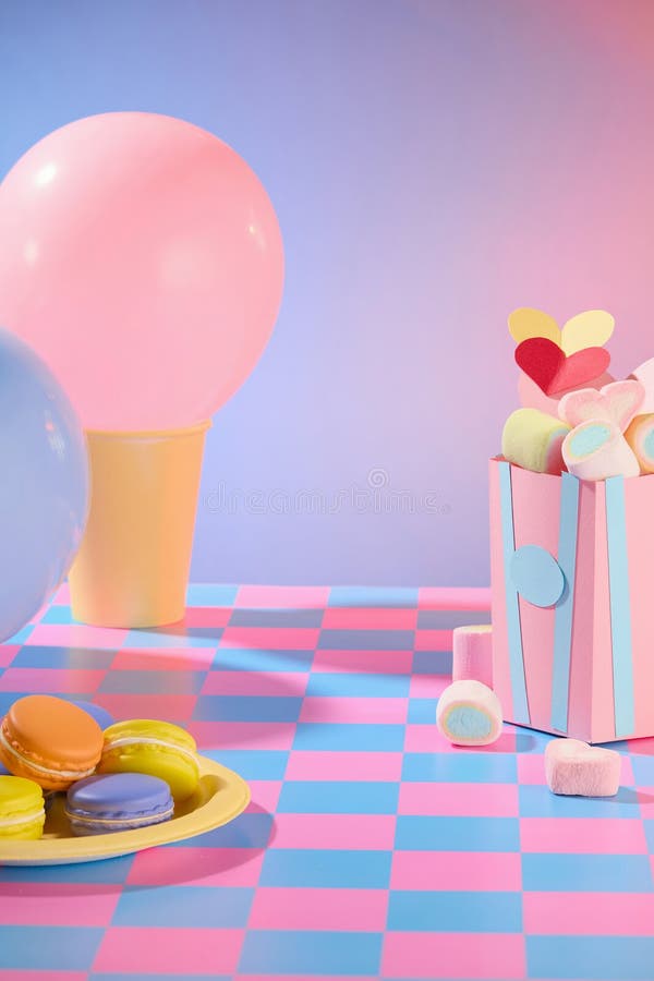 Purple Gradient Background with Yellow Dish of Cake and Box Filled with ...