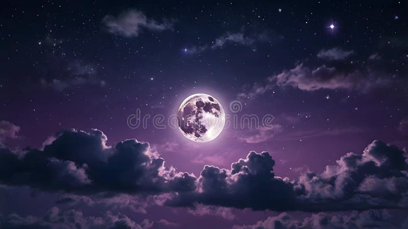 Purple Gradient Mystical Moonlight Sky with Clouds and Stars Background ...
