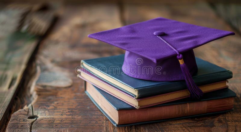 Purple Graduation Cap Resting on Stack of Old Books Stock Photo - Image ...