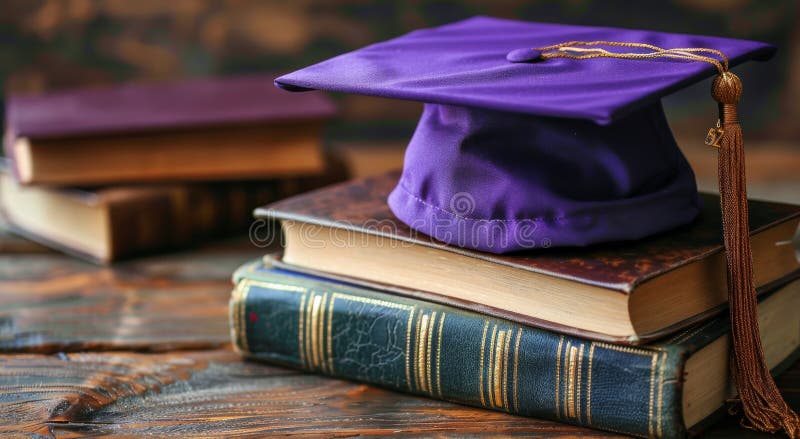 Purple Graduation Cap Resting on Stack of Old Books Stock Image - Image ...