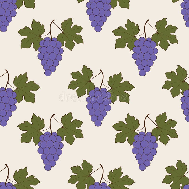 Purple Grape Seamless Pattern, Contour Doodle Drawing of Grape Berries and Leaves. Stock Vector ...