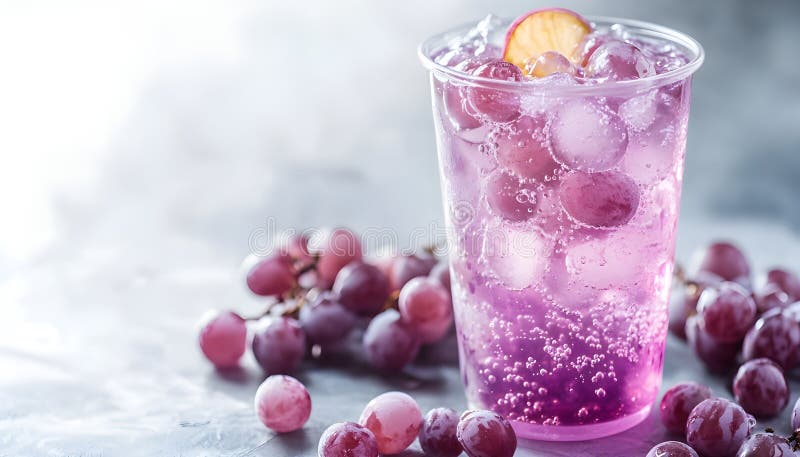 A Purple Grape Soda Mocktail with Visible Bubbles and Grape Slices, Placed in a Clean ...