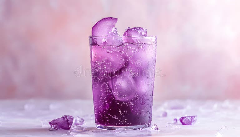 A Purple Grape Soda Mocktail with Visible Bubbles and Grape Slices, Placed in a Clean ...