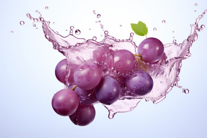 Purple Grapes in a Splash of Water and Grape Juice on a White ...