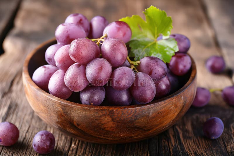 Purple Grapes in a Wooden Bowl on a Rustic Table, with Water Drops ...