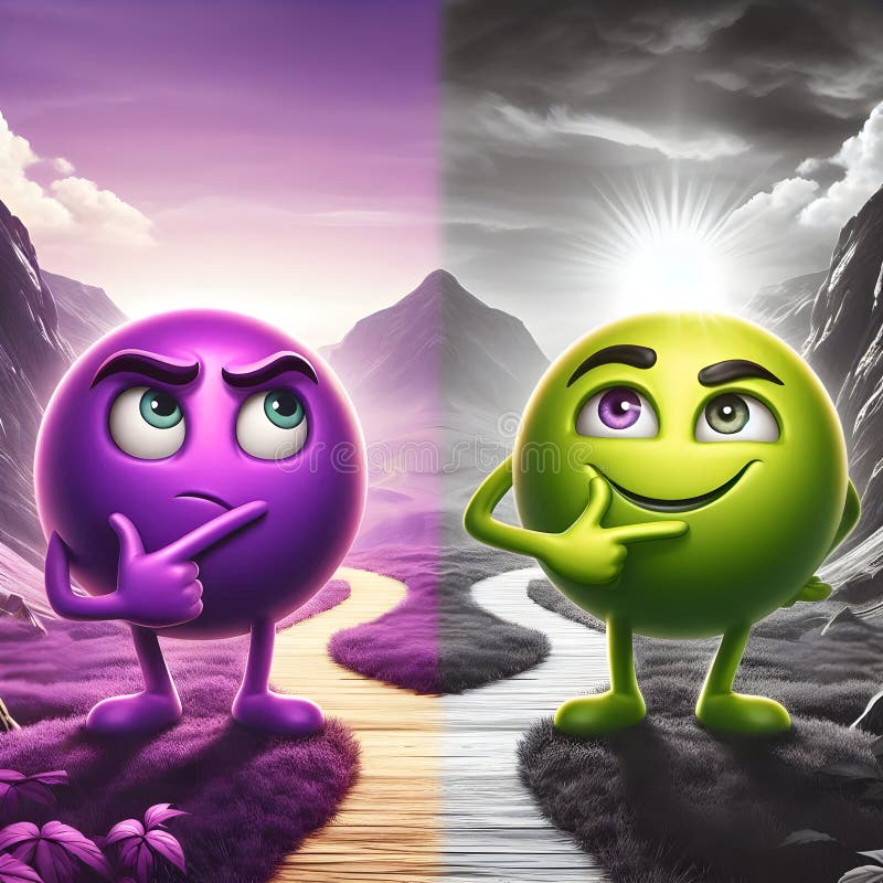 Purple and Green Characters Thinking and Choosing Different Paths Stock ...