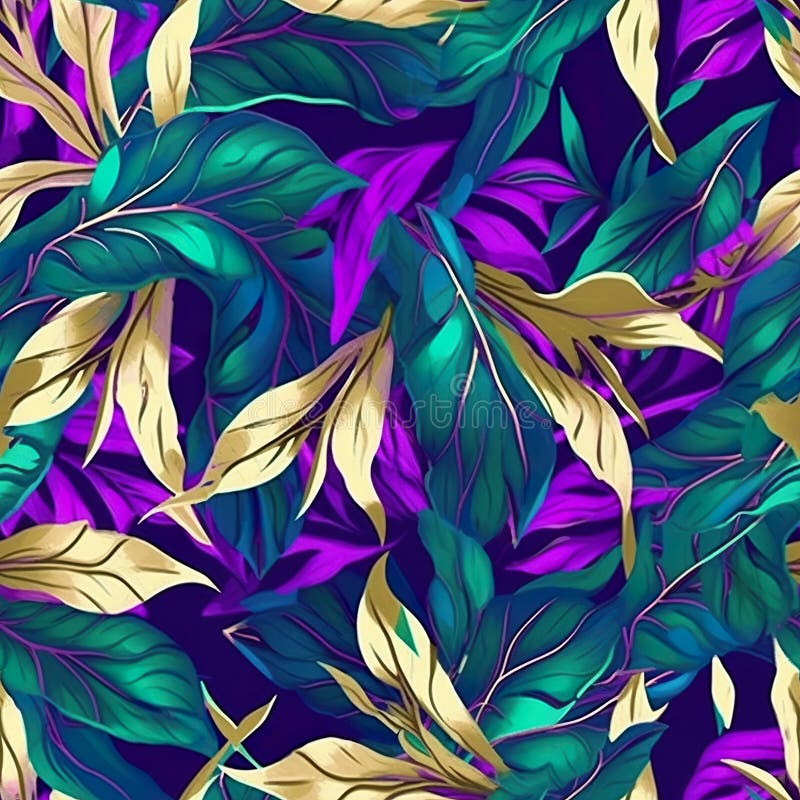 A Purple and Green Seamless Neon Metallic Leaf Pattern. Generative AI Image. Stock Illustration ...