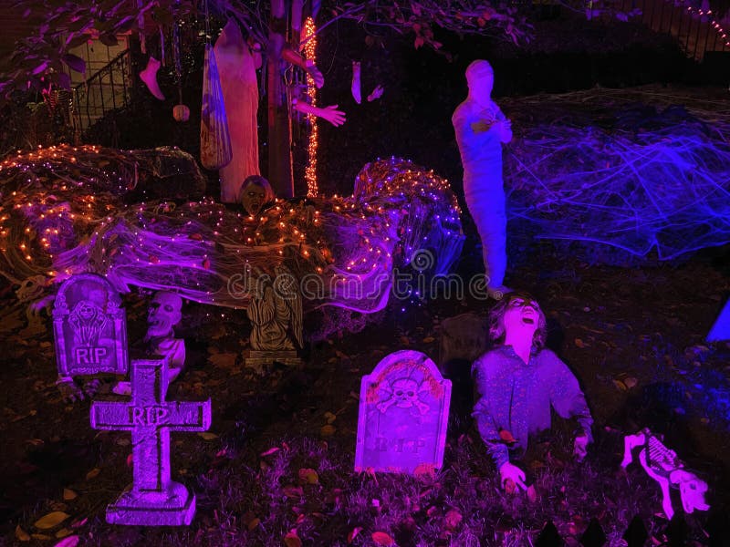 Purple Halloween Graveyard in October Stock Photo - Image of horror ...