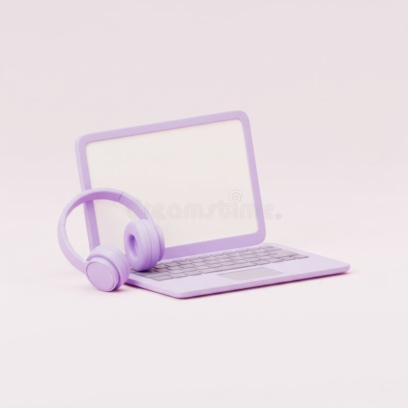 Purple Headphones Leaning Against Laptop Computer with Blank Screen on ...