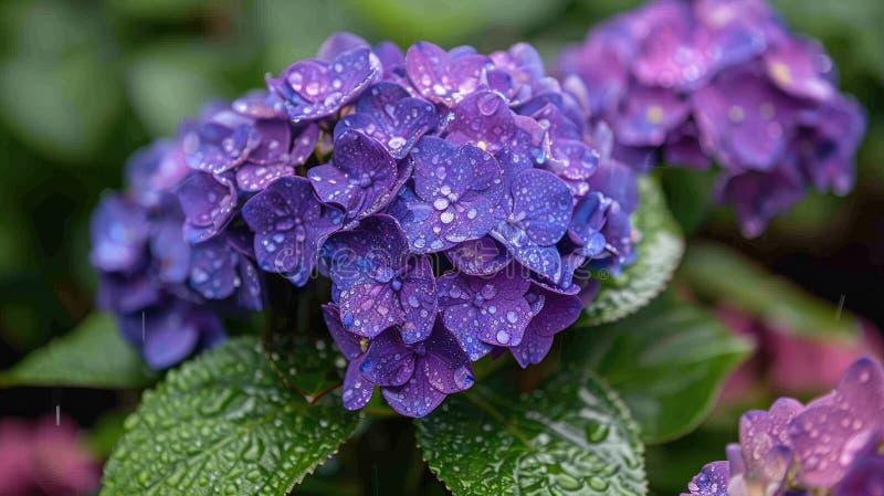 Purple Hydrangeas Drenched in Rain with Green Foliage Stock ...