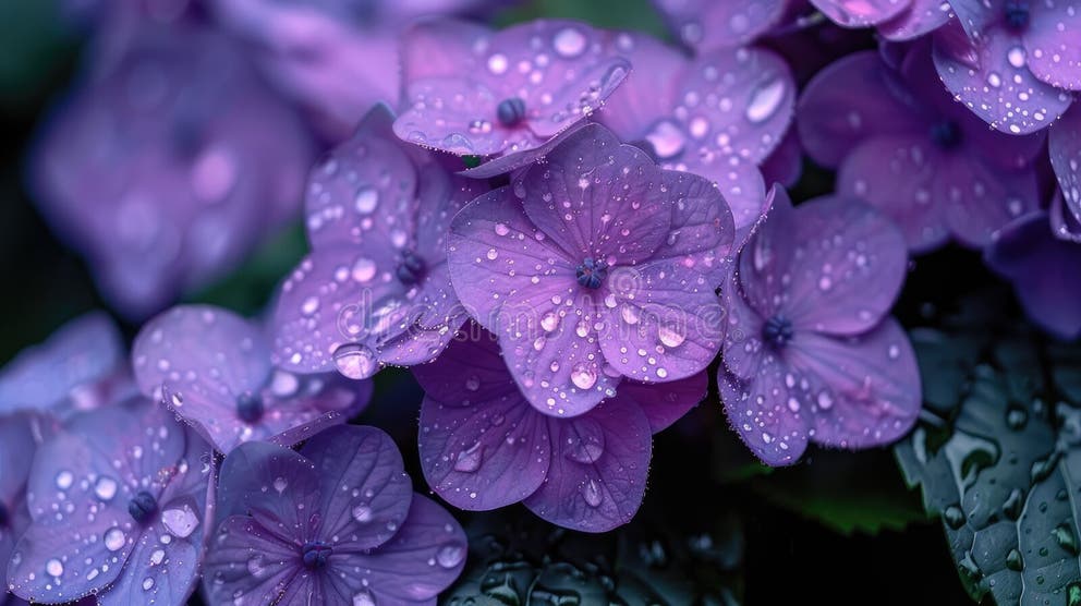 Purple Hydrangeas Drenched in Rain with Green Foliage Stock ...
