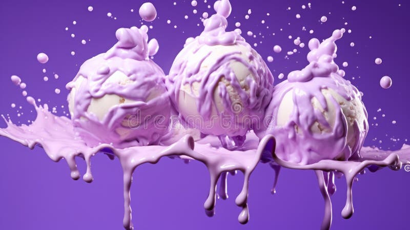 Purple Ice Cream Balls in Motion with Splashes. Neural Network Ai ...