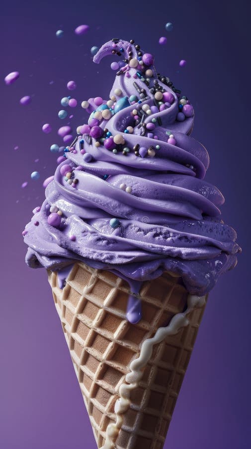 Purple Ice Cream Cone with Colorful Sprinkles on Purple Background ...