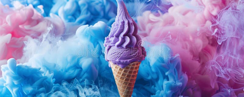 Purple Ice Cream Cone with Pastel Smoke on Colorful Background Stock ...