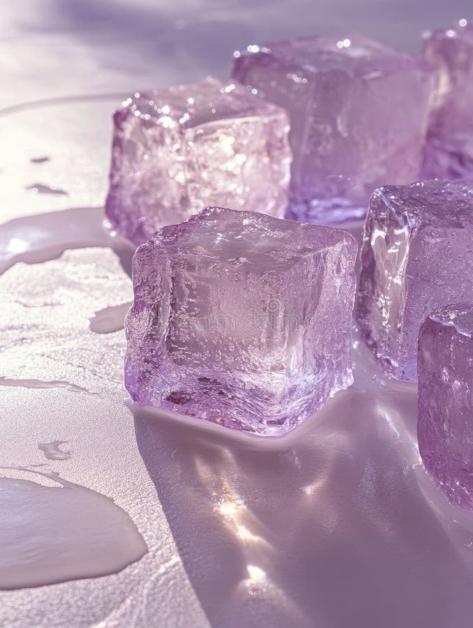 Purple Ice Cubes Melting with Light Reflections on a Surface Stock ...