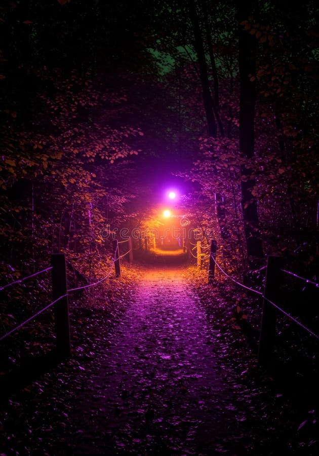Purple Illuminated Path through Autumn Trees at Night Stock ...