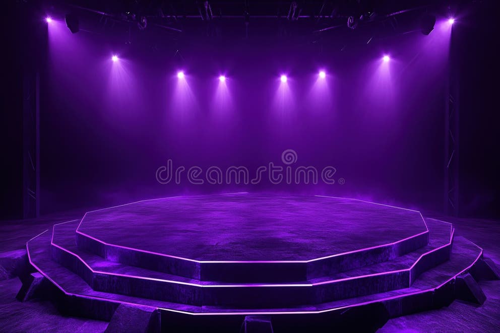 Purple Illuminated Stage with Circular Platform and Dramatic Lighting ...