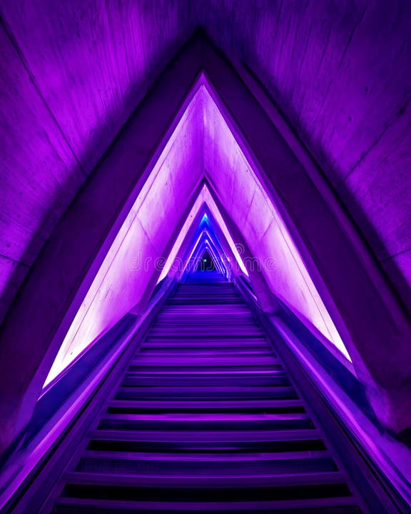 Purple Illuminated Triangular Tunnel with Steps Leading into the ...