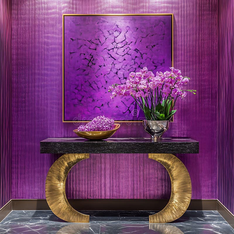 Purple Interior Design with a Gold Console Table and Orchids Stock ...