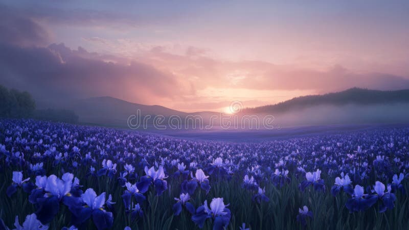 Purple Iris Field at Sunset with Foggy Mountains Stock Illustration - Illustration of golden ...