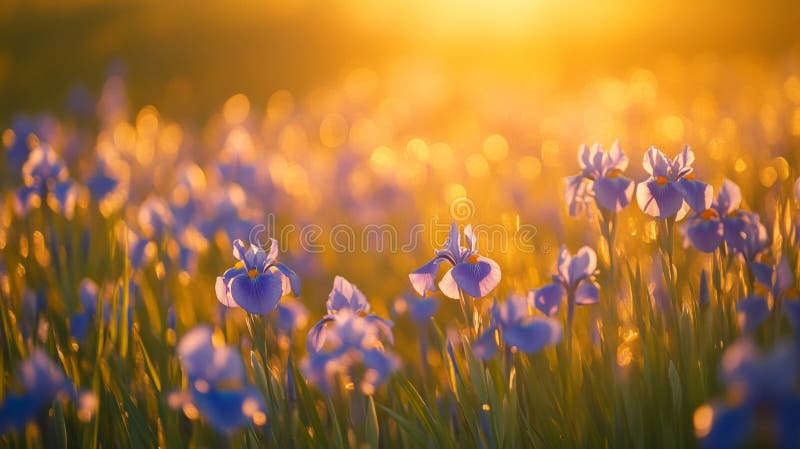 Purple Iris Flowers in a Field at Sunset Stock Illustration ...
