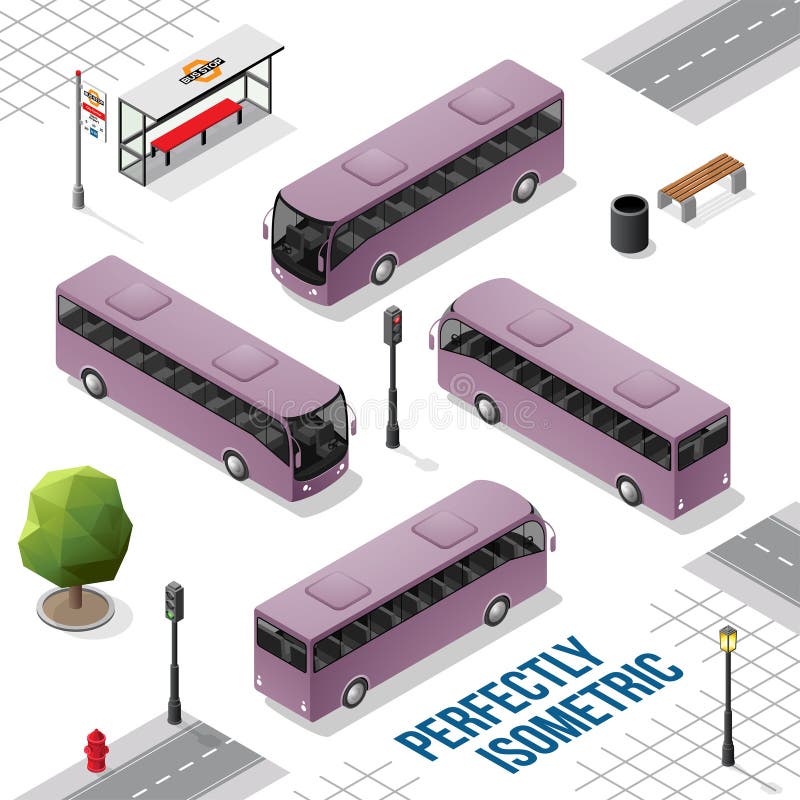 Purple Isometric Bus from the Front Back Right and Left Stock Vector ...