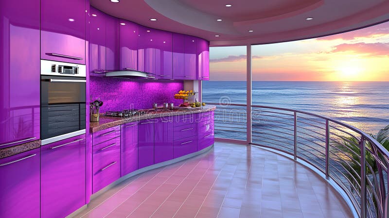 Purple Kitchen, Ocean Sunset View, Balcony Home Decor Use Stock ...
