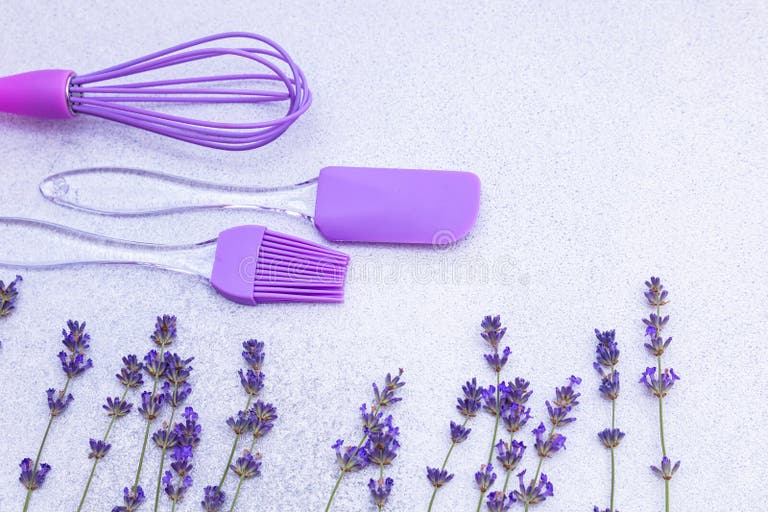 Purple Kitchen Tools with Fresh Lavender on a Light Background Create a ...