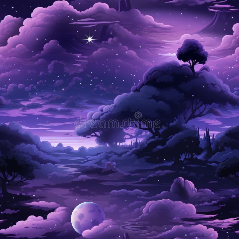 A Purple Landscape with Trees and Clouds Stock Illustration ...
