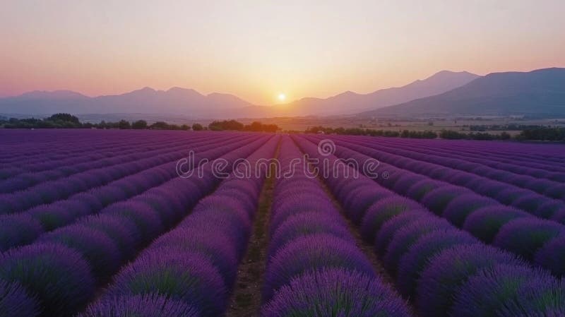 Purple Lavender Field at Sunset in Provence Stock Illustration ...