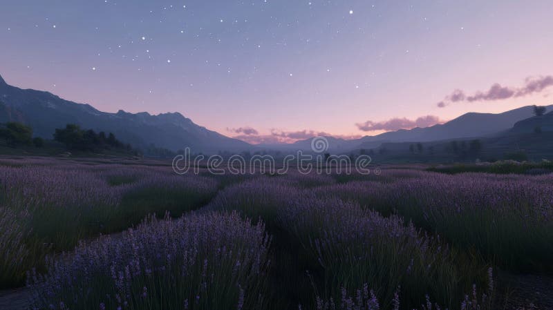 Purple Lavender Field at Sunset with Starry Night Sky Stock ...