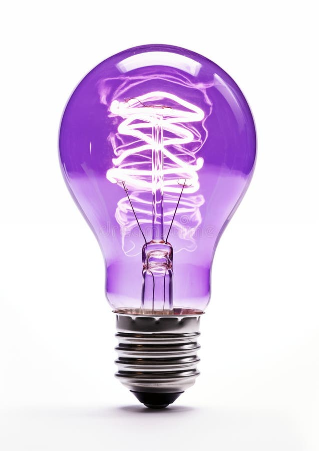 Purple Light Bulb with Glowing Filament Isolated on White Background ...
