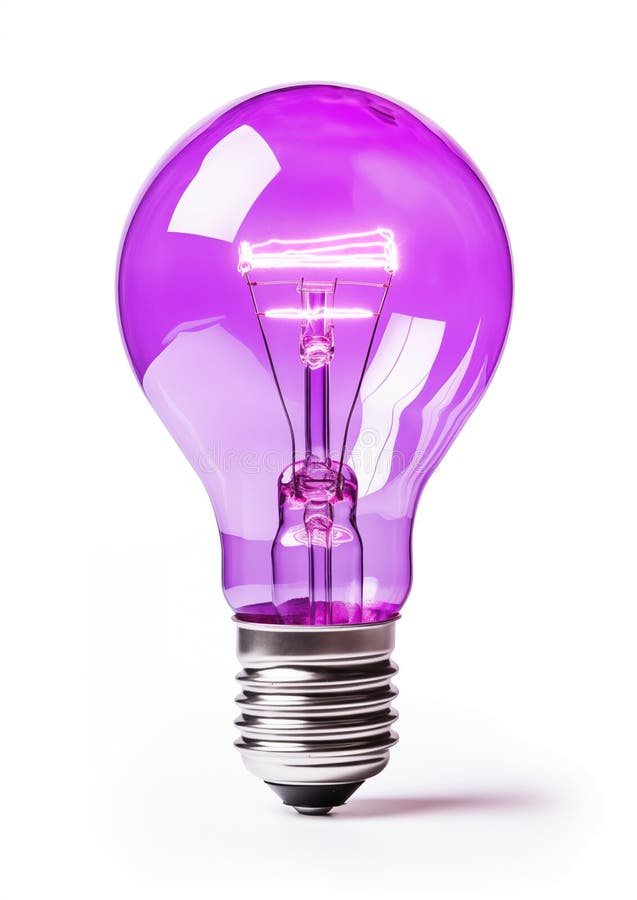 Purple Light Bulb with Illuminated Filament on White Background Stock ...