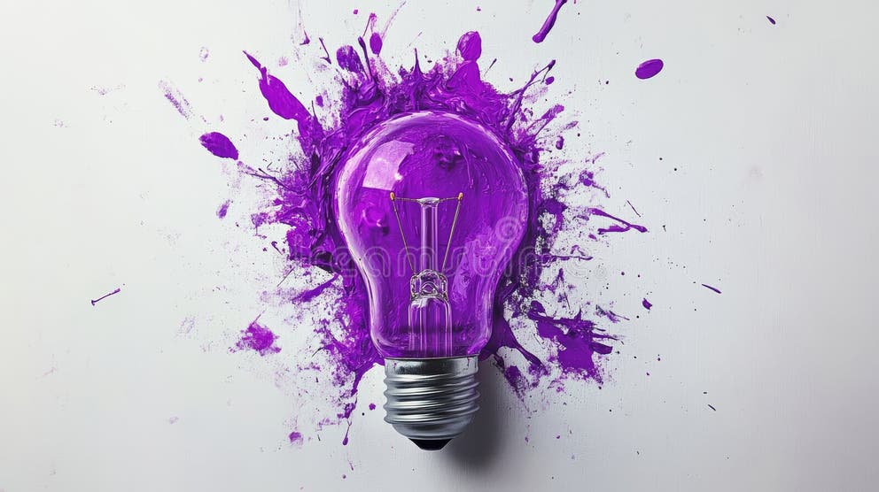 Purple Light Bulb with Paint Splatter on White Background, Symbolizing ...