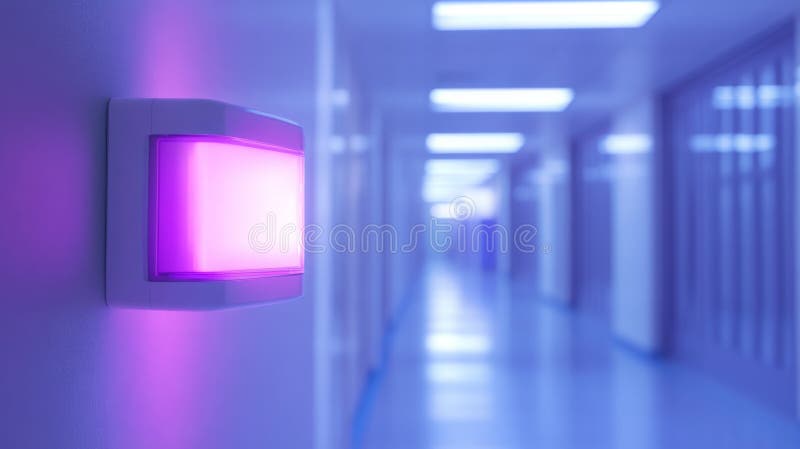 Purple Light Indicator in a Long, Empty Hospital Corridor during Late ...