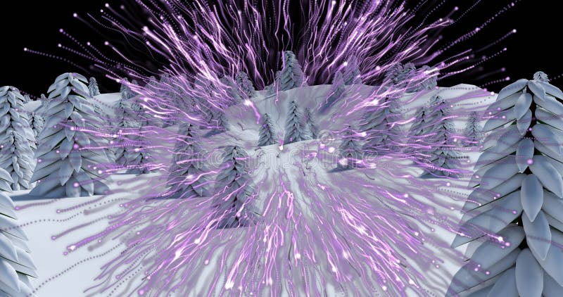 Purple Light Trails Exploding Over Multiple Trees on Winter Landscape ...