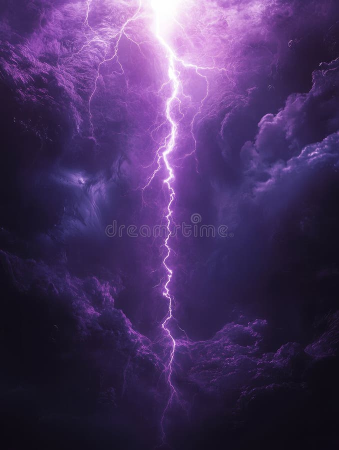 Purple Lightning Bolt in a Dramatic Cloudy Sky. Stock Photo - Image of ...