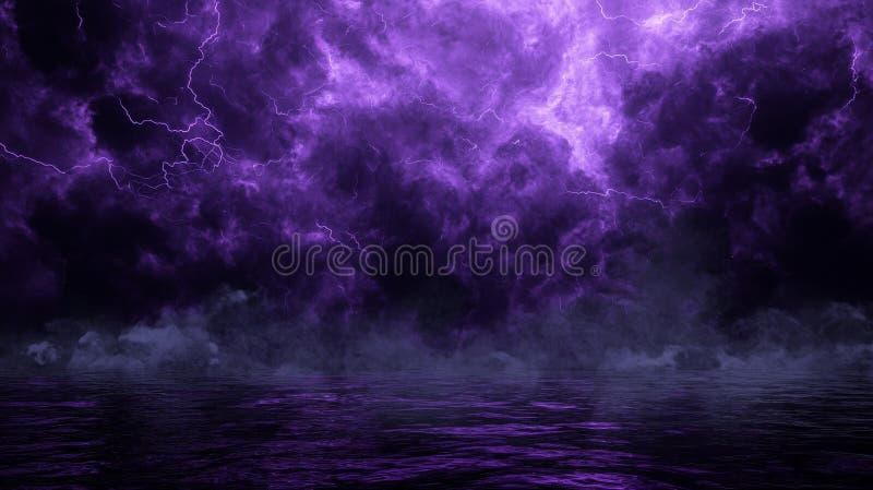 A Purple Lightning Shape is Projected Onto a Black Spotlight Smoke ...