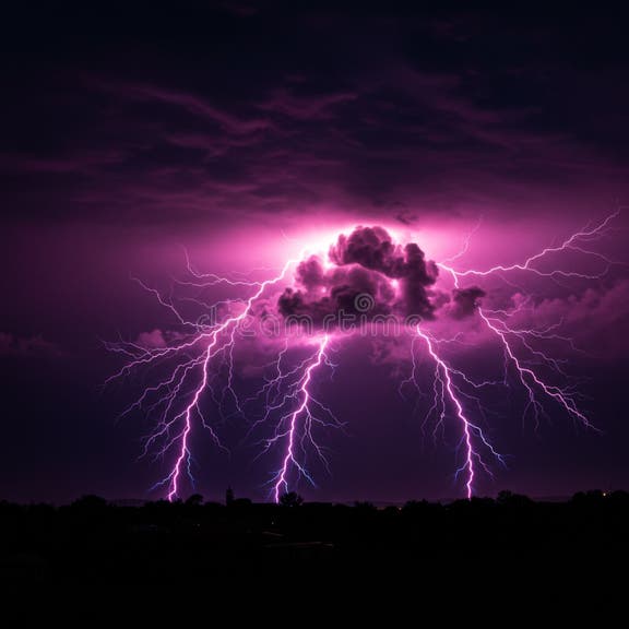 Purple Lightning Storm at Night Stock Illustration - Illustration of ...