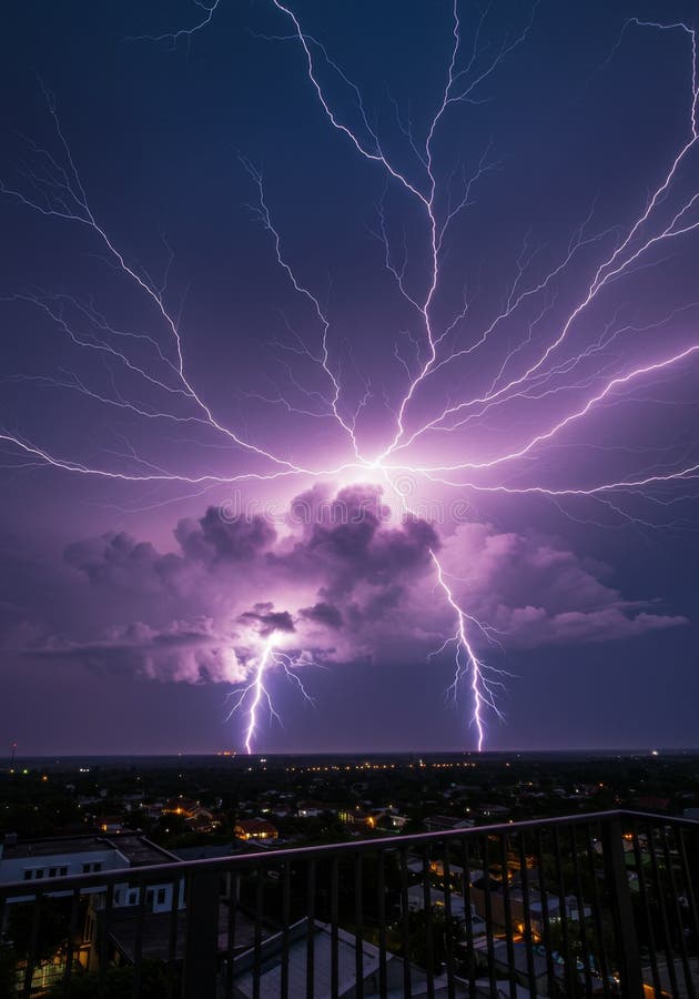 Purple Lightning Storm Over City at Night Stock Illustration - Illustration of light, horizon ...