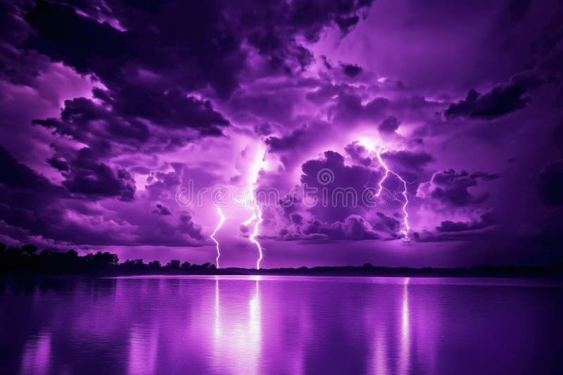 Purple Lightning Storm Over Lake, Dramatic Clouds, Reflective Water ...