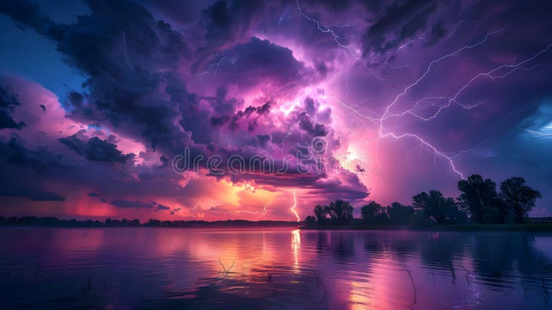 Purple Lightning Storm Over Lake - Dramatic Nature Illustration Stock ...