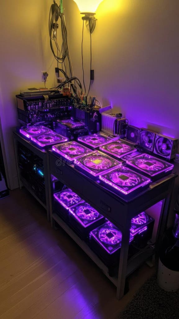 Purple Lights Illuminate Computer Hardware for Data Processing at ...