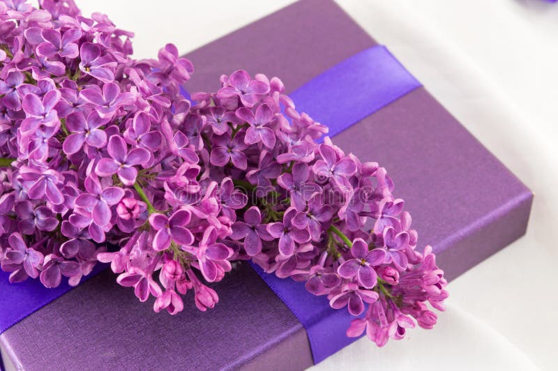Purple Lilac Flowers on a Present Box Stock Image - Image of flower ...