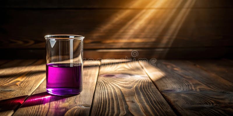 Purple Liquid in a Beaker on a Wooden Surface Illuminated by Sunlight ...