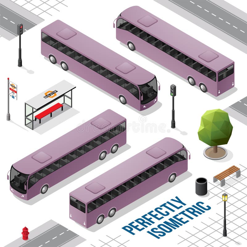 Purple Long Isometric Bus from the Front Back Right and Left Stock ...